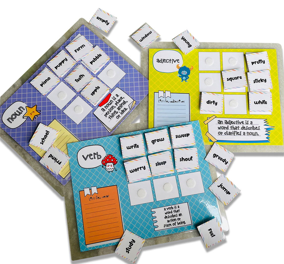 Adjective-noun-verb sorting activity – Tinycubs